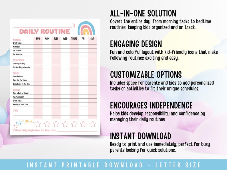 Kids Daily Routine Chart Printable | Morning and Bedtime Tracker ...