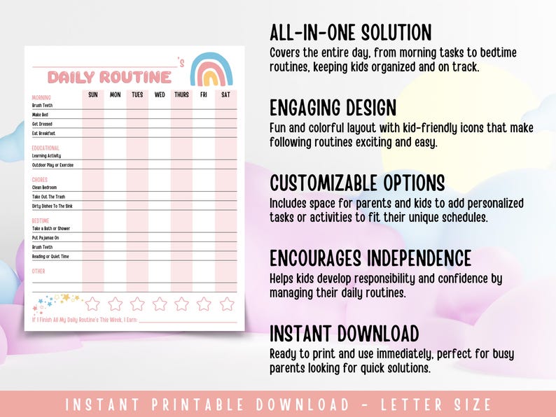 Kids Daily Routine Chart Printable | Morning and Bedtime Tracker ...