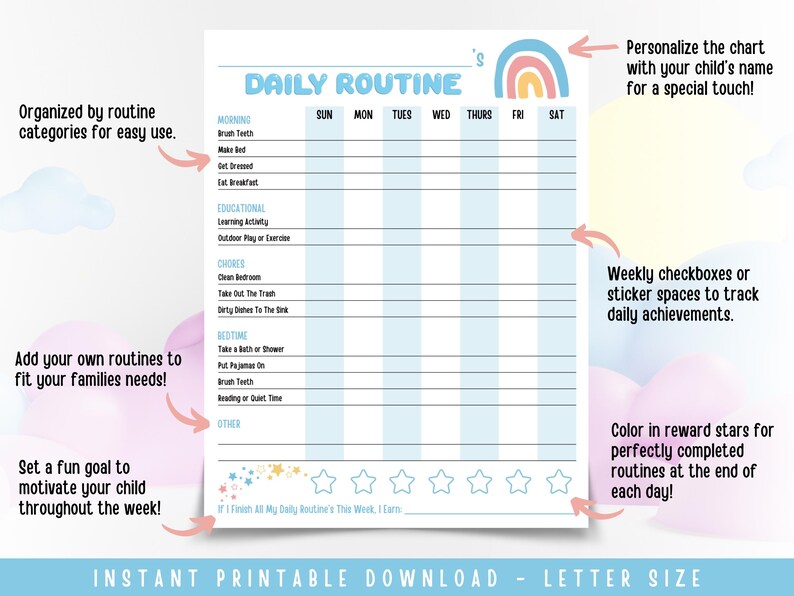 Kids Daily Routine Chart Printable | Morning and Bedtime Tracker ...