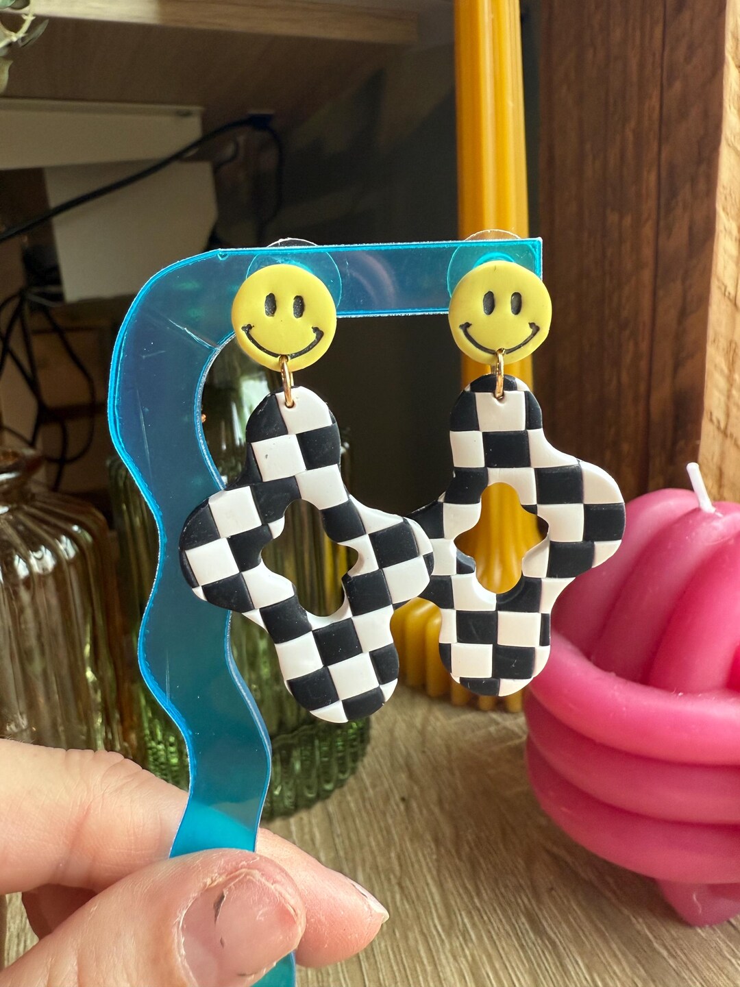 Checkered Earrings | Smiley Face Earrings | Polymer Clay Earrings - Etsy