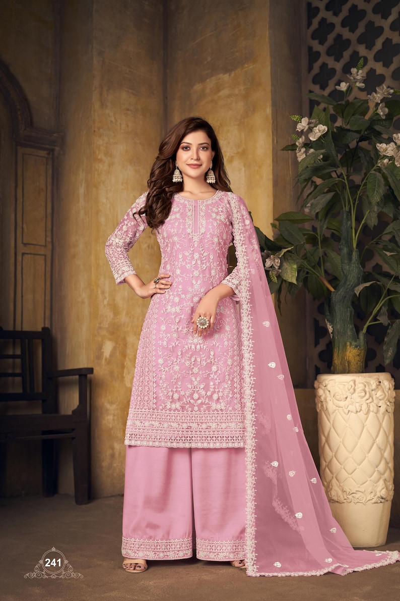 Embroidered Palazzo Suit: Pink & Mauve Salwar Kameez, Bollywood Style ...