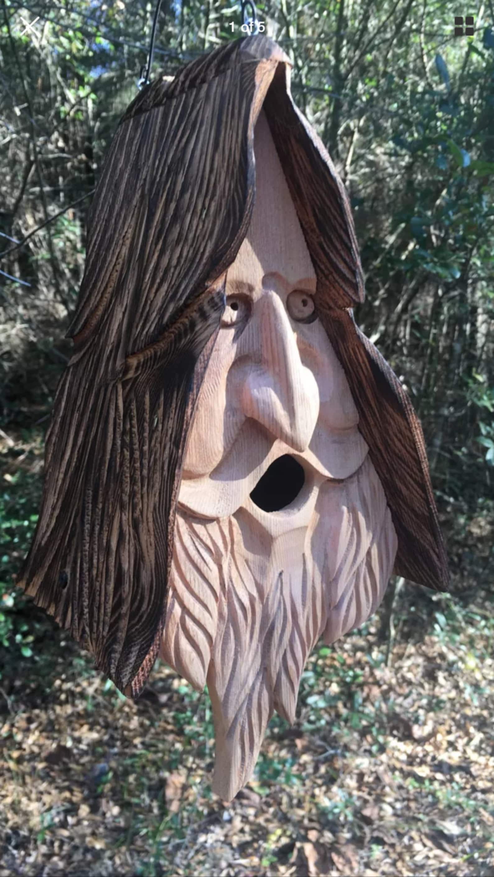 Happy Wood Spirit Birdhouse. Hand Carved Home Made in the - Etsy