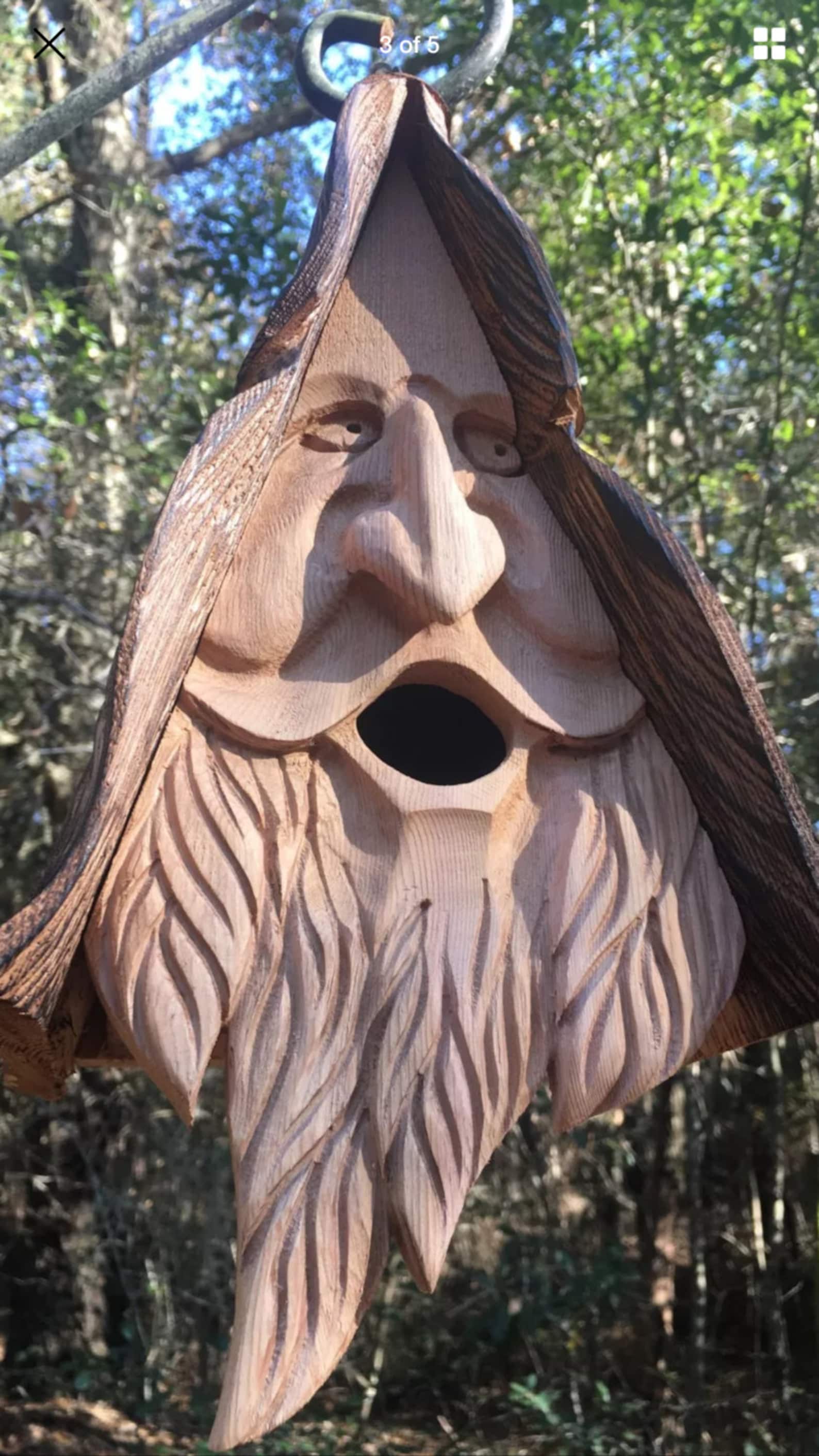 Happy Wood Spirit Birdhouse. Hand Carved Home Made in the - Etsy