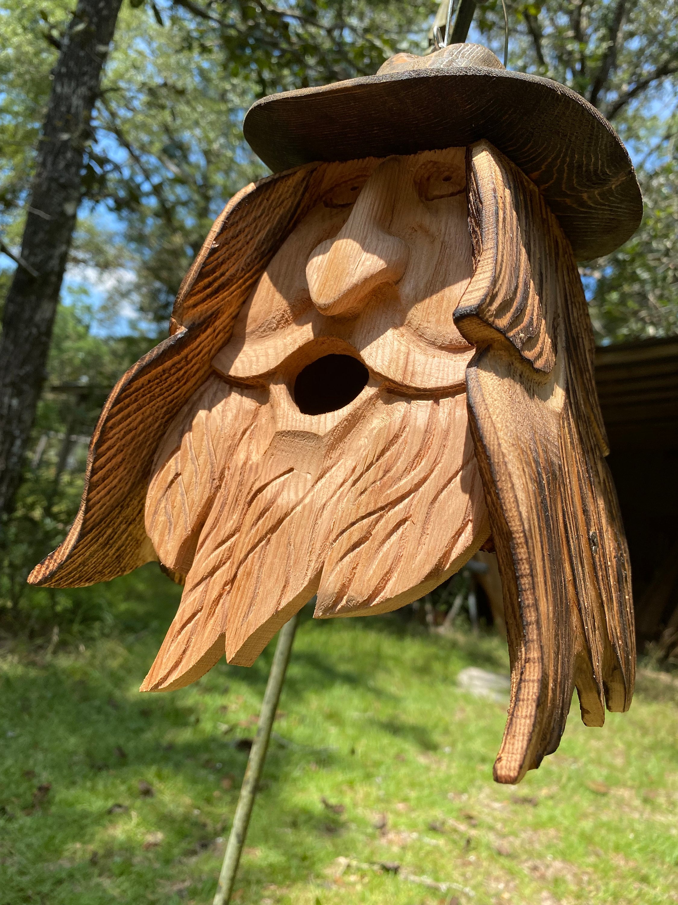Hand Carved Western Red Cedar Cowboy Birdhouse, Smiling Face Art ...