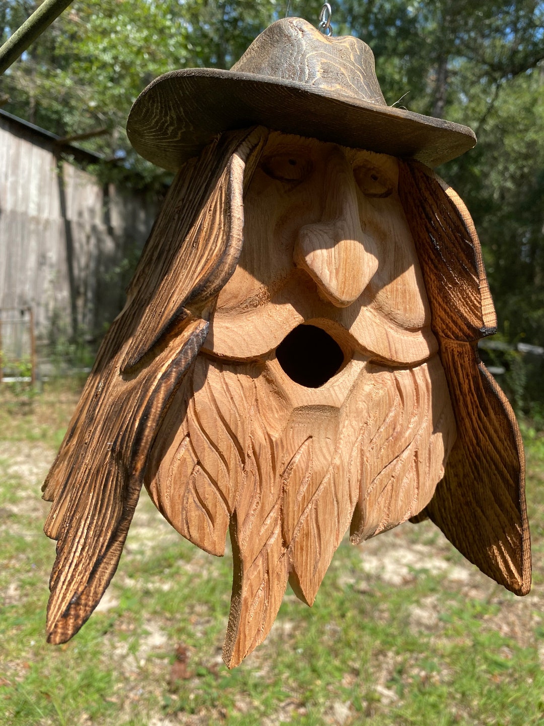 Hand Carved Western Red Cedar Cowboy Birdhouse, Smiling Face Art ...