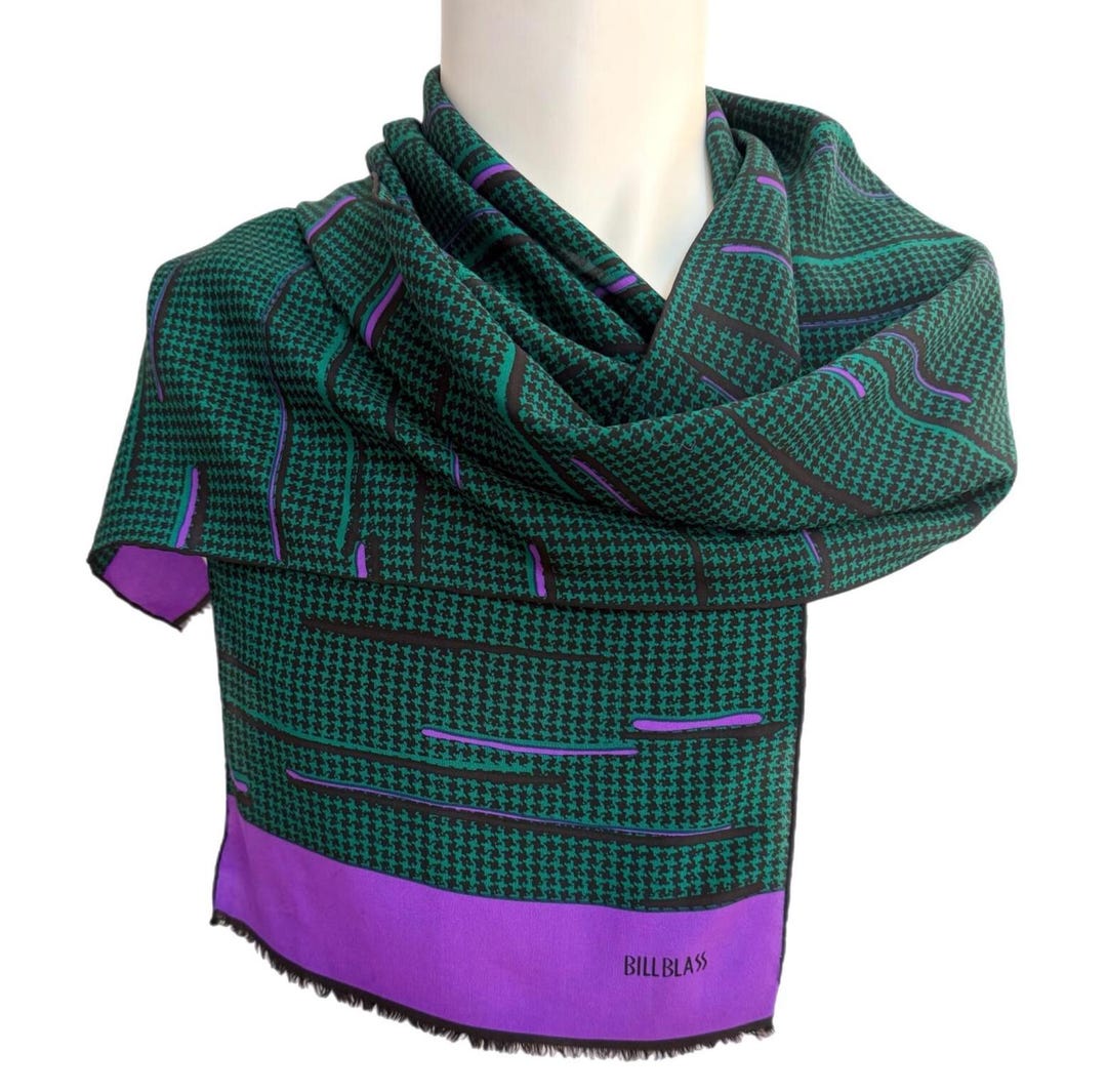 Vintage Bill Blass Silk Scarf – Graphic Houndstooth Green Purple – Hand ...