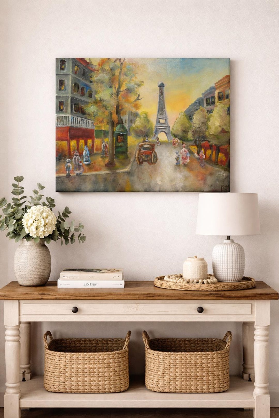 Vintage Paris Eiffel Tower Oil Painting Romantic French Street Scene ...