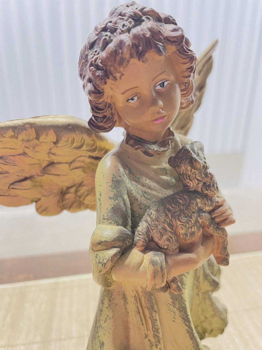 Angel Holding Lamb Figurine-simonetti Angel W/gold Wings & Olive Skin ...