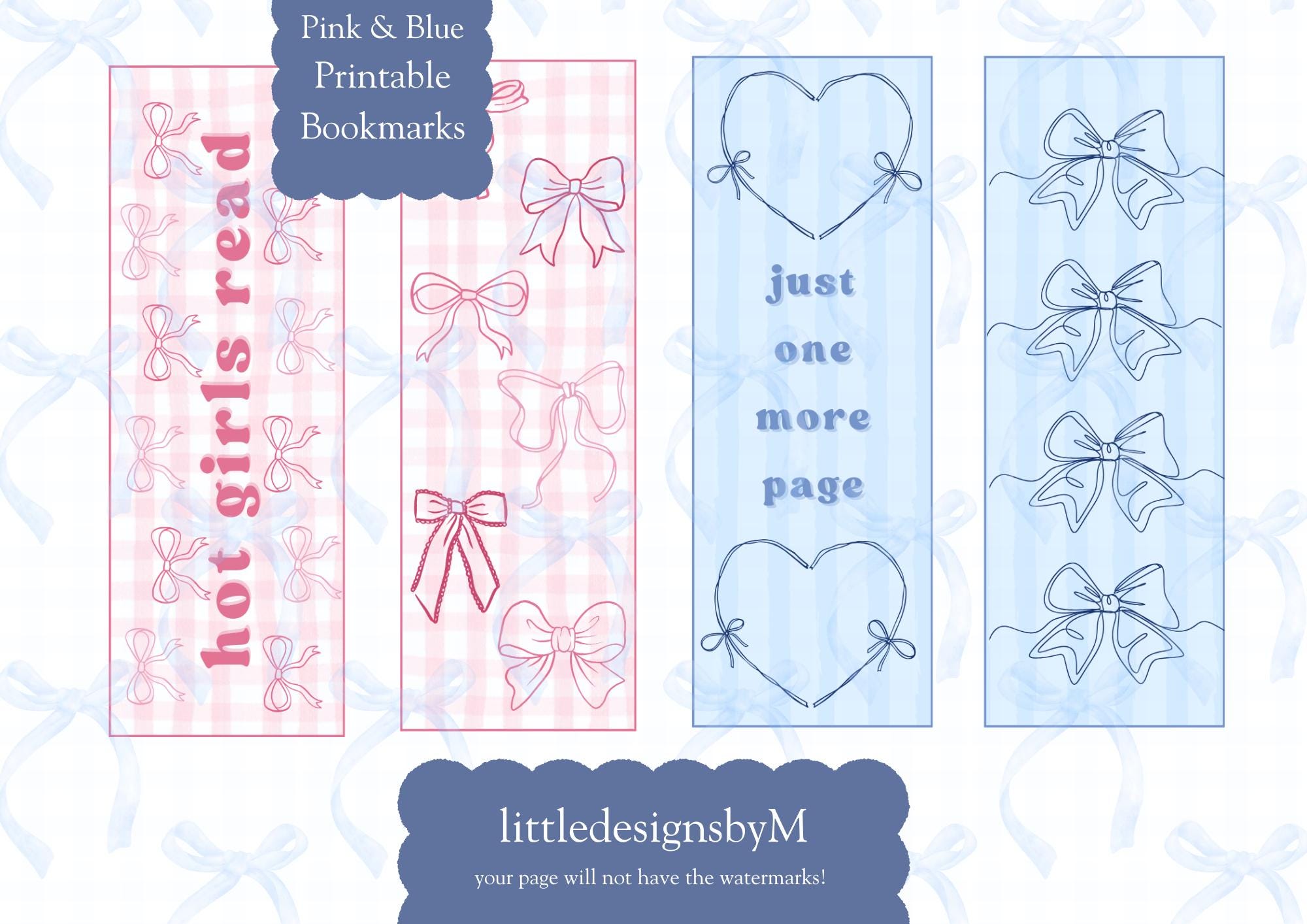 Pink and Blue Bows Bookmark Collection - Etsy