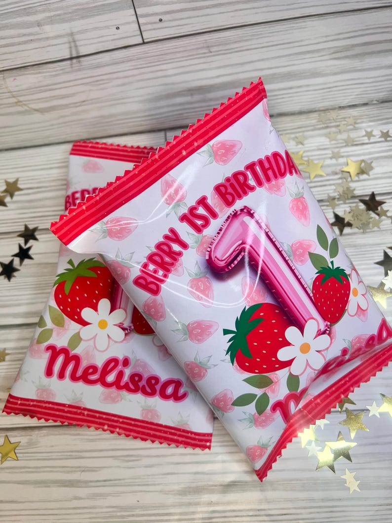 Berry First Birthday Custom Chip Bags, Strawberry Theme Snack Bags With ...