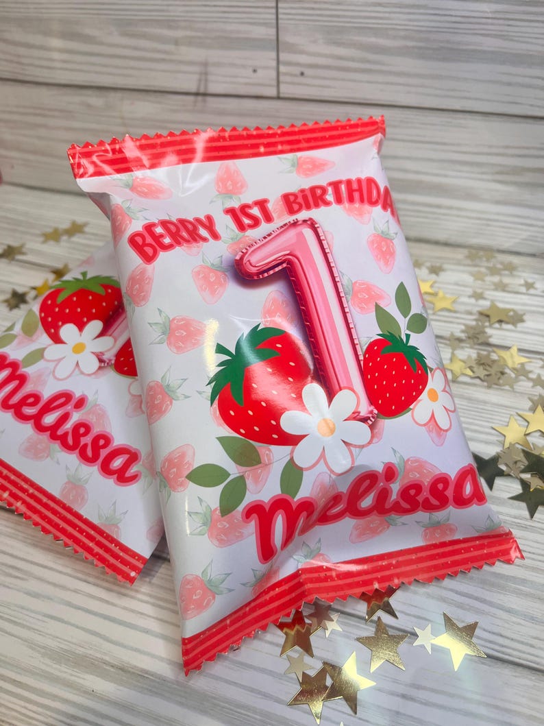 Berry First Birthday Custom Chip Bags, Strawberry Theme Snack Bags With ...