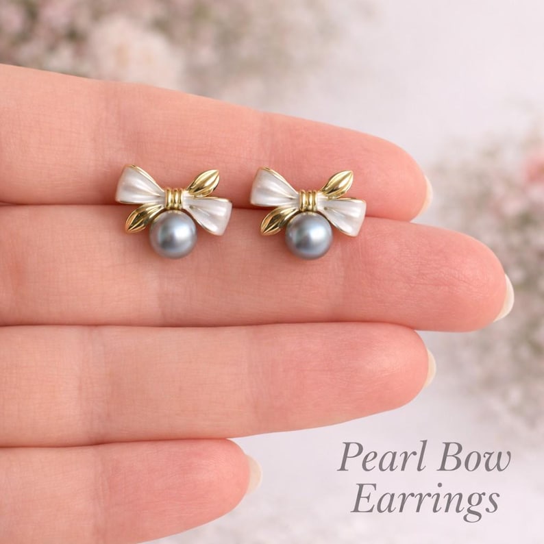 Tiny Pearl Bow Stud Earrings/ Minimal Gift for Her / Cute Everyday ...