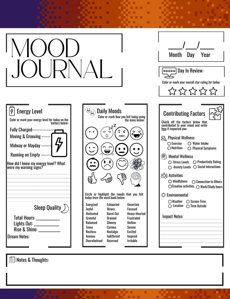 Printable Daily Mood Journal Template (pixels) - Etsy