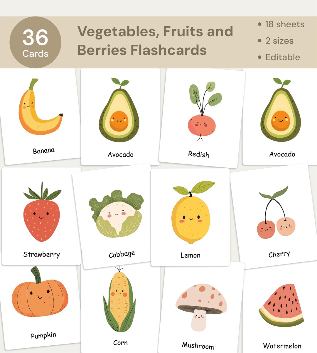 36 Fruits and Vegetables Cards, Montessori Flashcards, Pre-school Cards ...