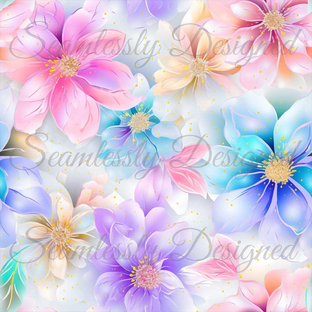 Watercolor Pastel Rainbow Flowers and Sparkles Seamless Design #1010 ...