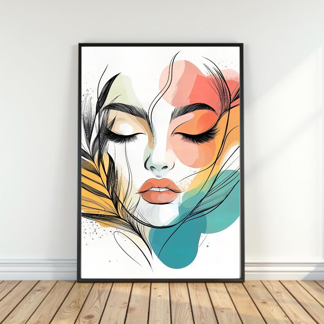 Boho Face Line Art, Minimalist Art, Woman Portrait Face Art Print ...