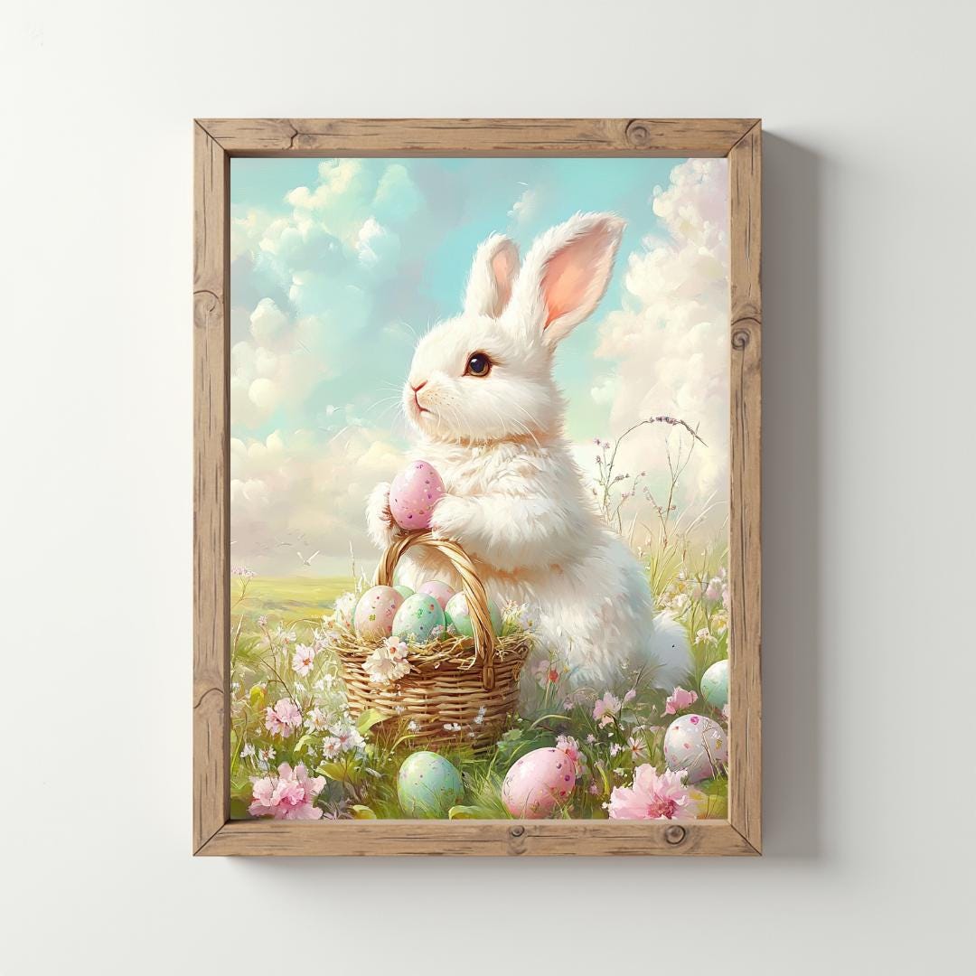 Cute Easter Bunny, Sping Easter Art Print, Easter Eggs, Rustic Home ...
