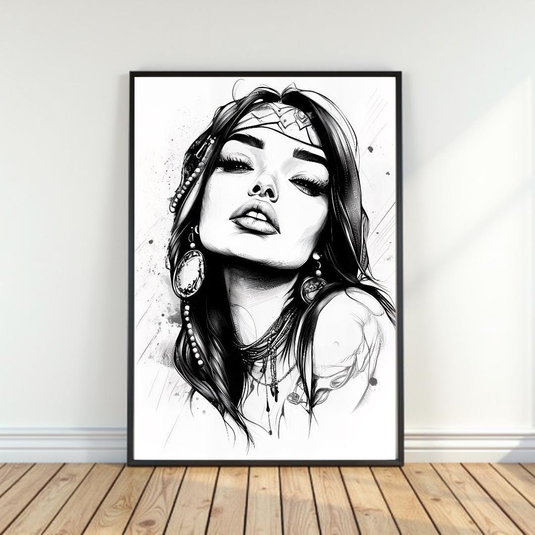Boho Style Face Art, Minimalist Art, Woman Portrait Face Art Print ...