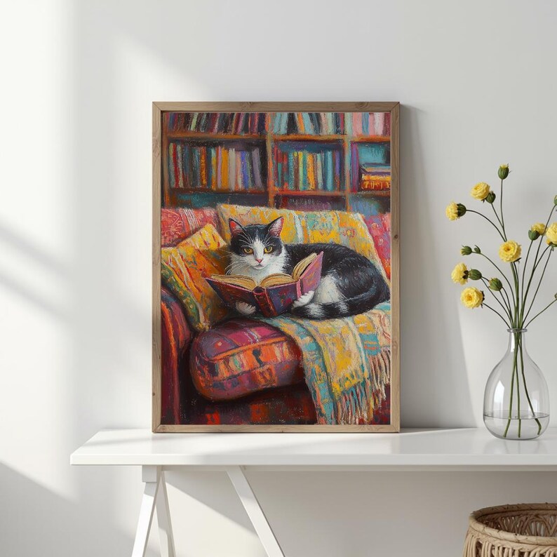 Vintage Cat Reading Book Art Print: Home Library Decor (digital ...
