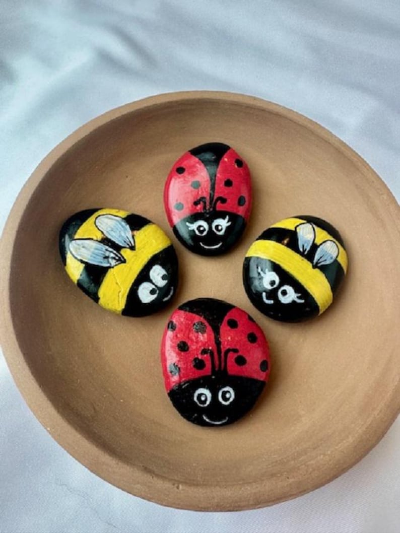 Lady Bugs & Bees Hand Painted Rocks - for Garden, Indoor Plants ...