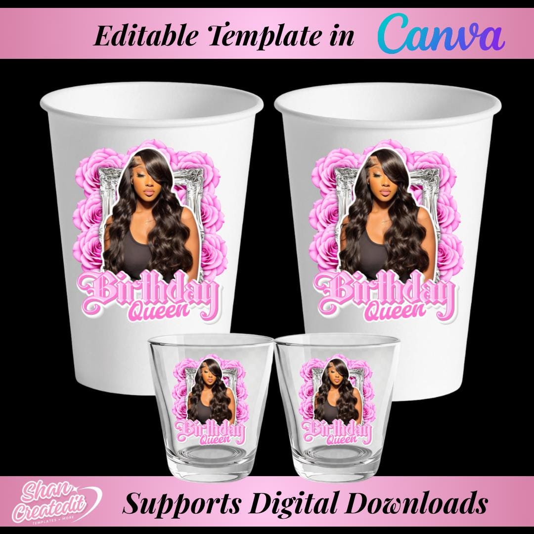 Birthday Cup Sticker Label Template: Editable Pink Floral Design ...