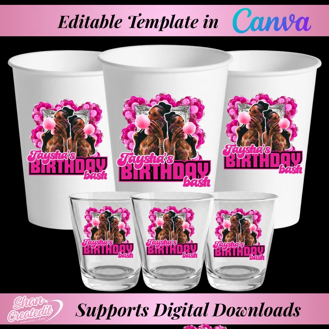 Pink Birthday Party Cup & Shot Glass Sticker Template: Editable Canva ...