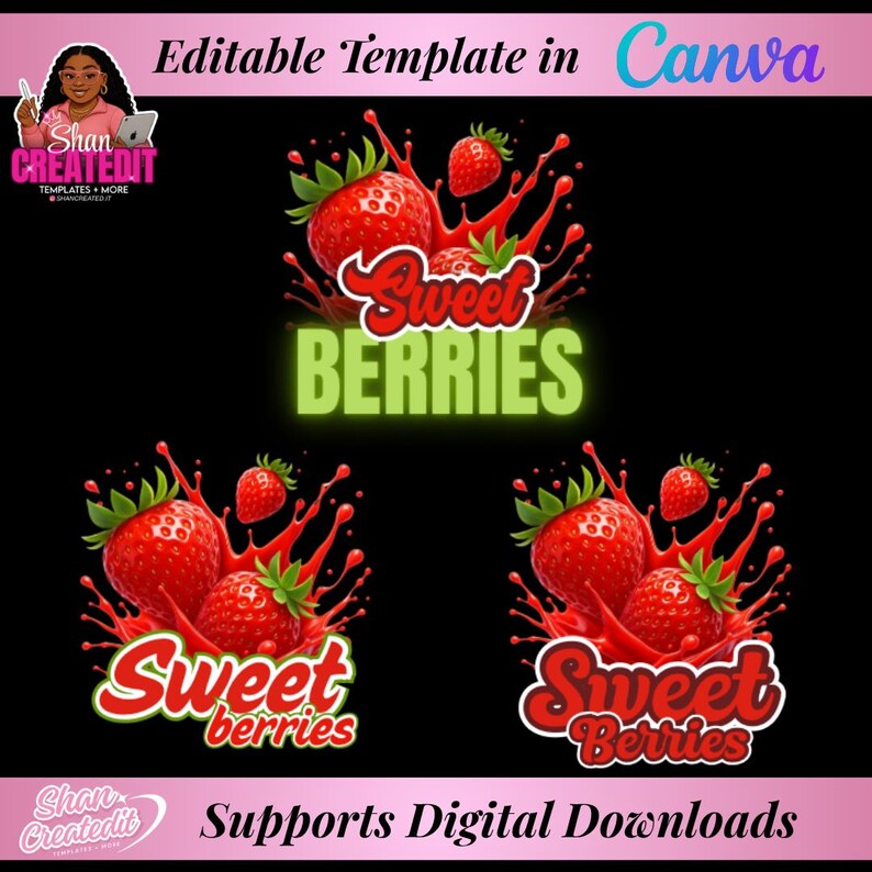 Strawberry Business Logo: Editable Canva Template for Dessert Brands - Etsy