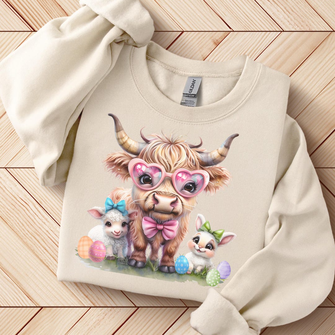 Easter Highland Cow, Lamb, and Bunny PNG, Cute Animal Easter Png, Retro ...