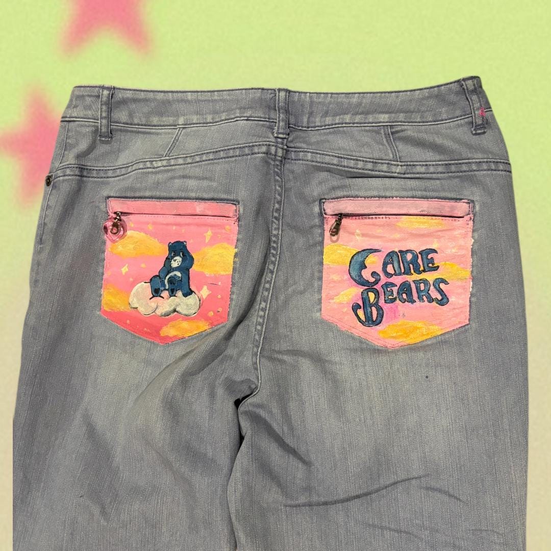 Care Bear Grumpy Bear Pocket Jeans: Hand-painted Blueish Purple Pants ...