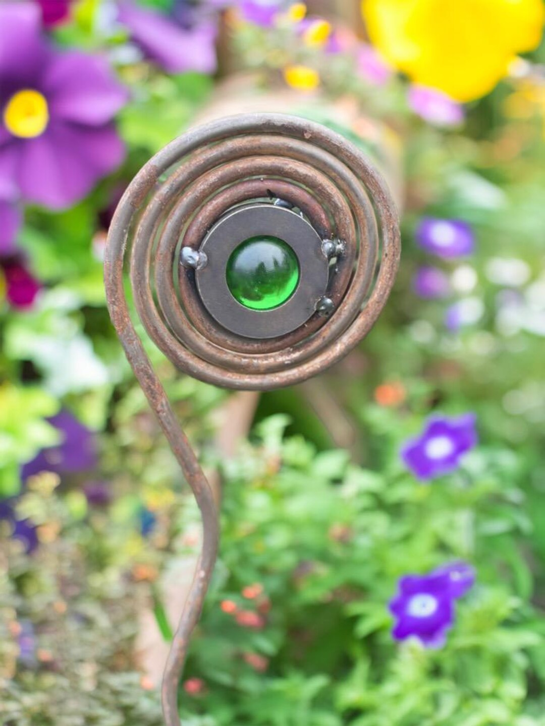 Handmade Spiral Eye Garden Stake – Rebar & Marble Yard Art – Whimsical ...