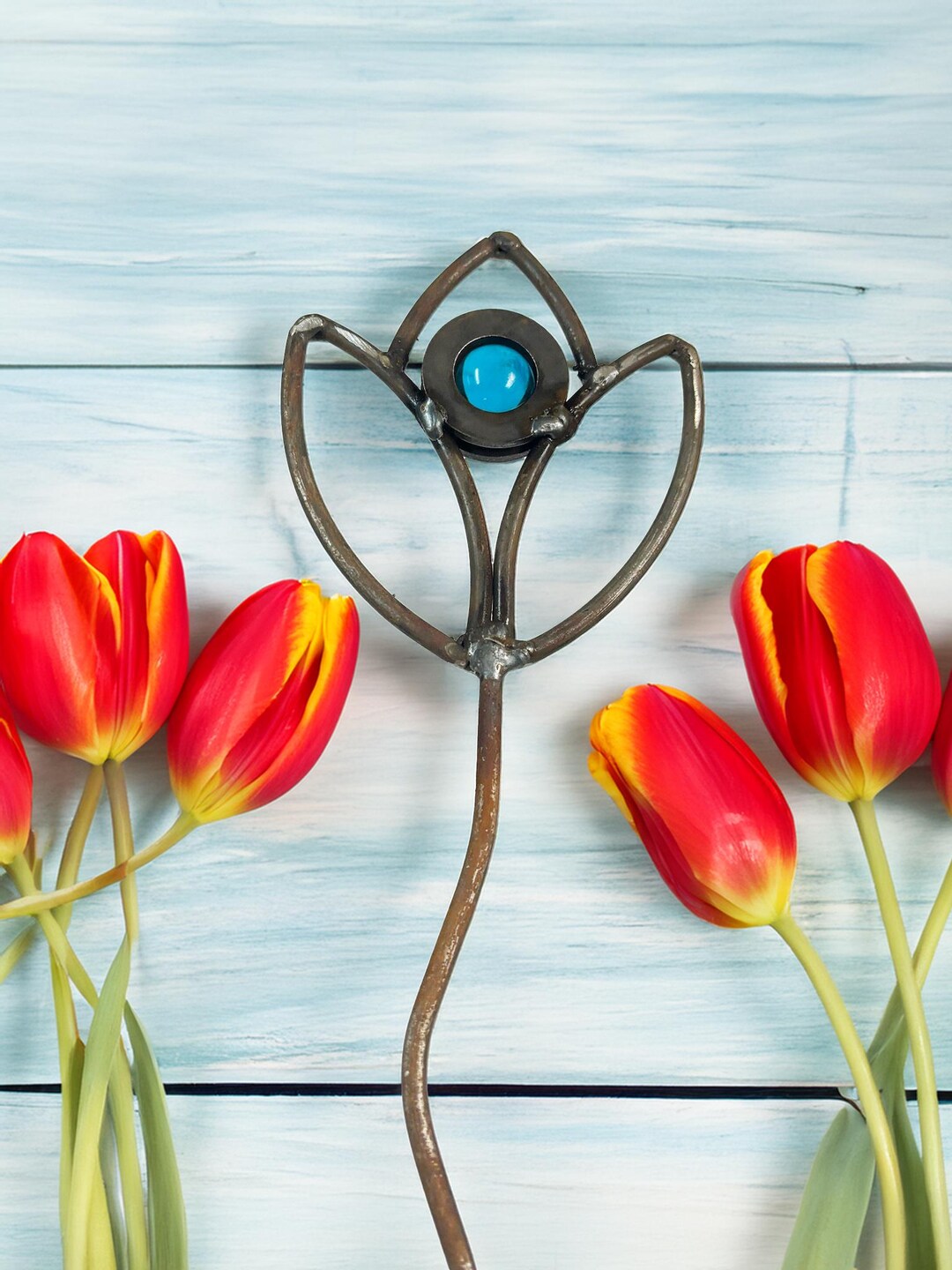 Handmade Tulip Garden Stake With Marble Accent – Metal Yard Art – 7 ...