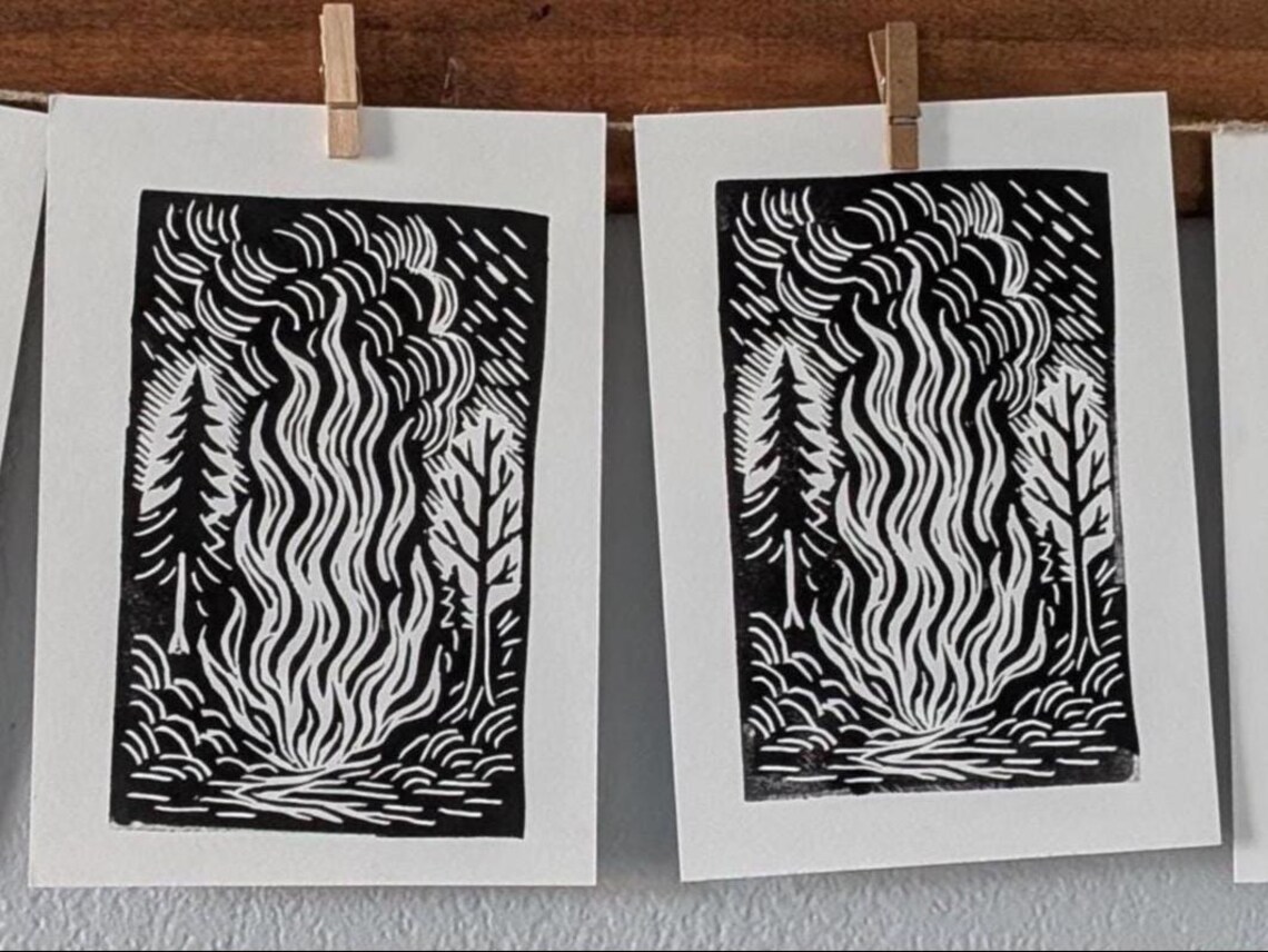 Wildfire Block Print • Forest Fire Art • Hand Pulled Linocut Nature Art ...