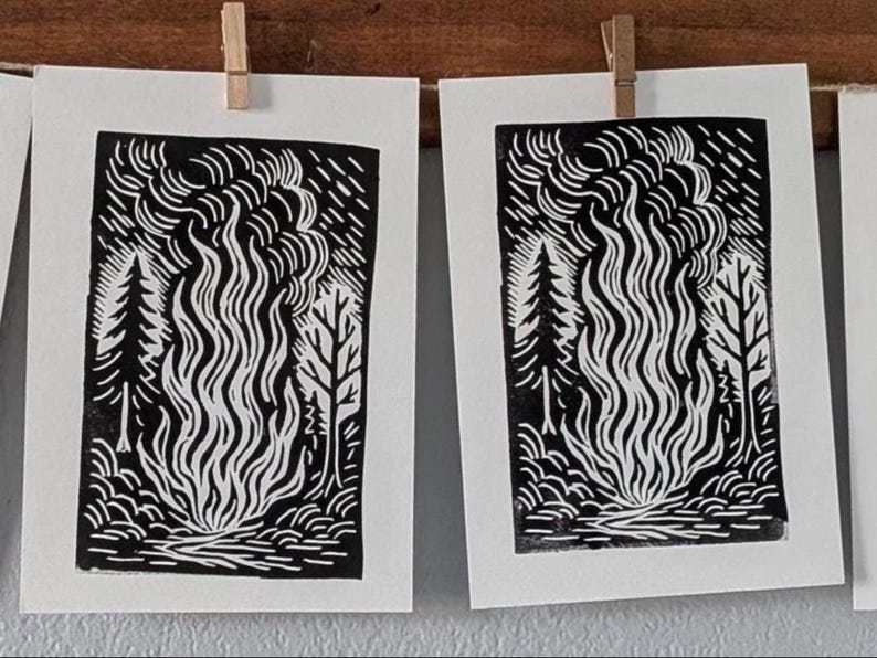 Wildfire Block Print • Forest Fire Art • Hand Pulled Linocut Nature Art ...
