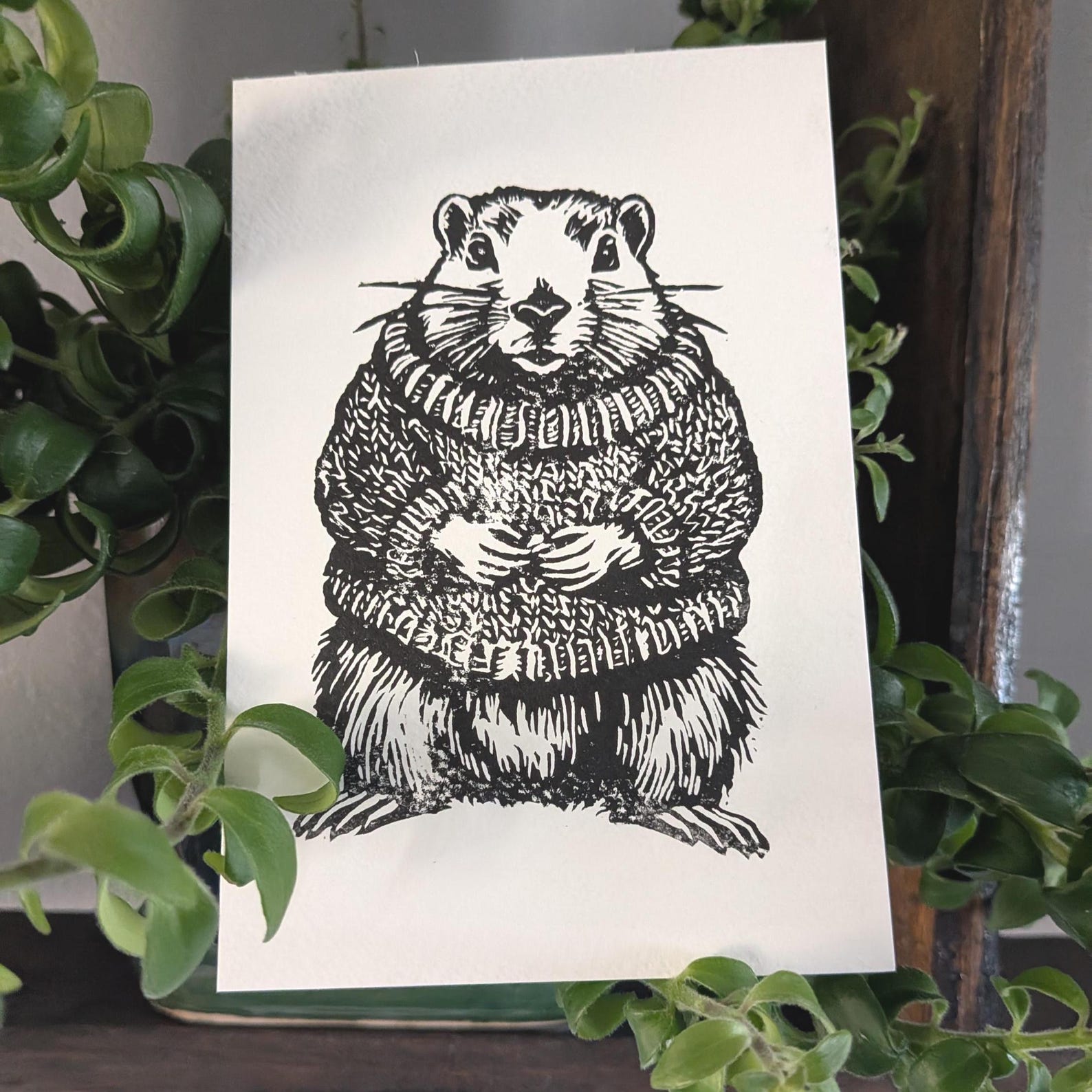 Marmot Block Print • Hand-pulled 4x6 Print • Marmot in Sweater Art ...