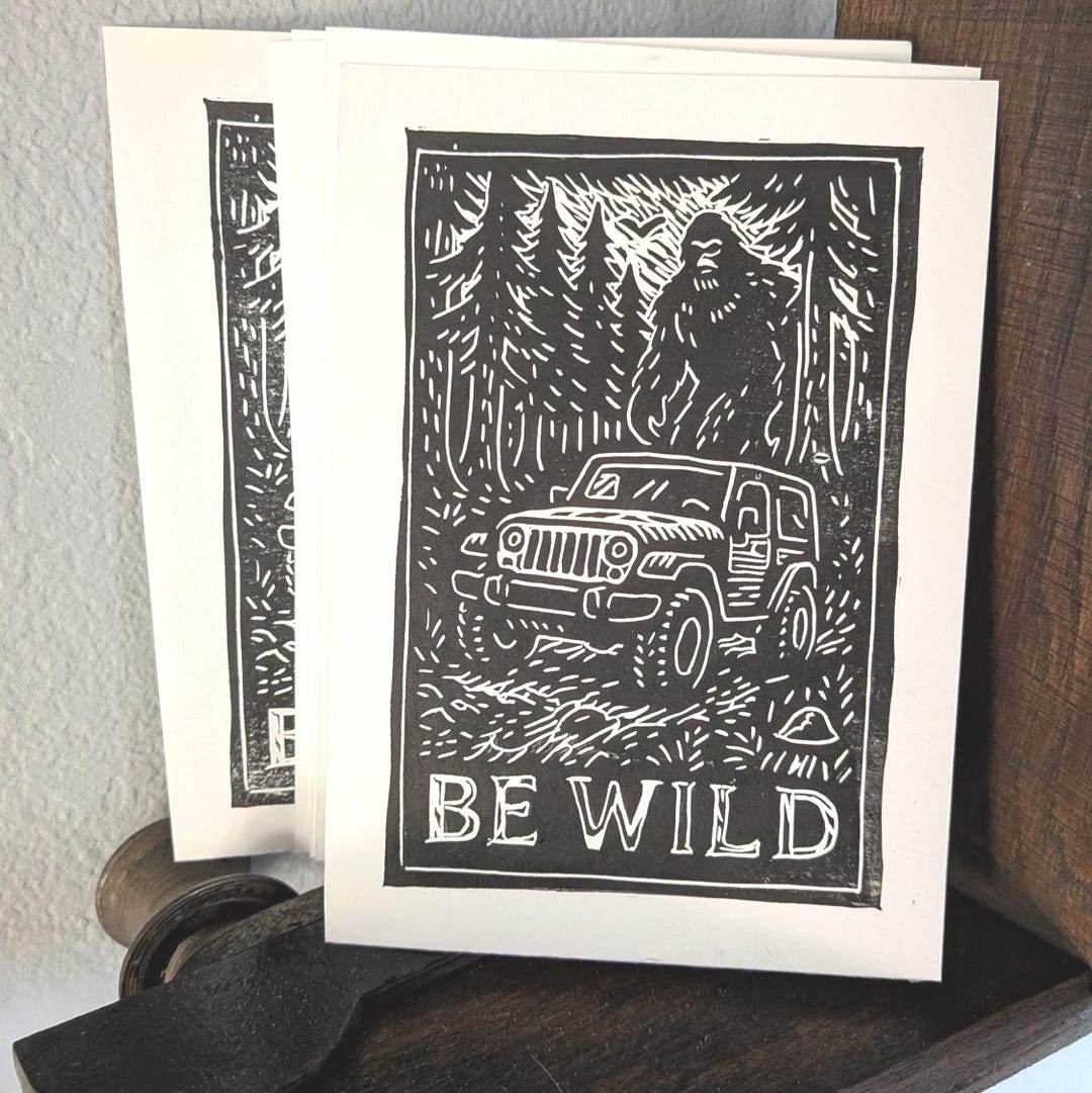 Bigfoot Chasing Print • Be Wild Block Print • Sasquatch Art • off Road ...