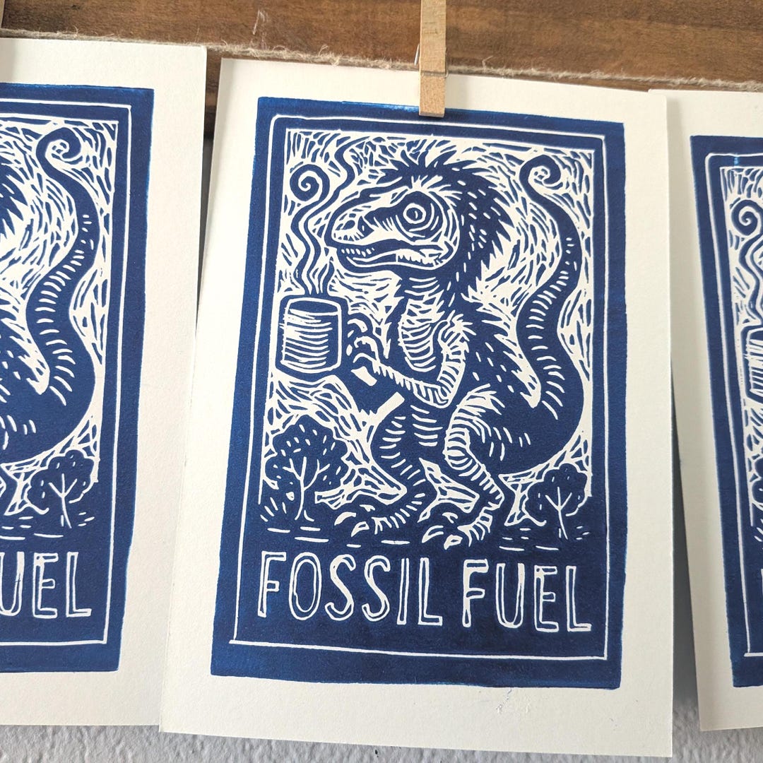 Fossil Fuel Dinosaur Print • Hand-pulled Block Print • Funny Coffee Art ...