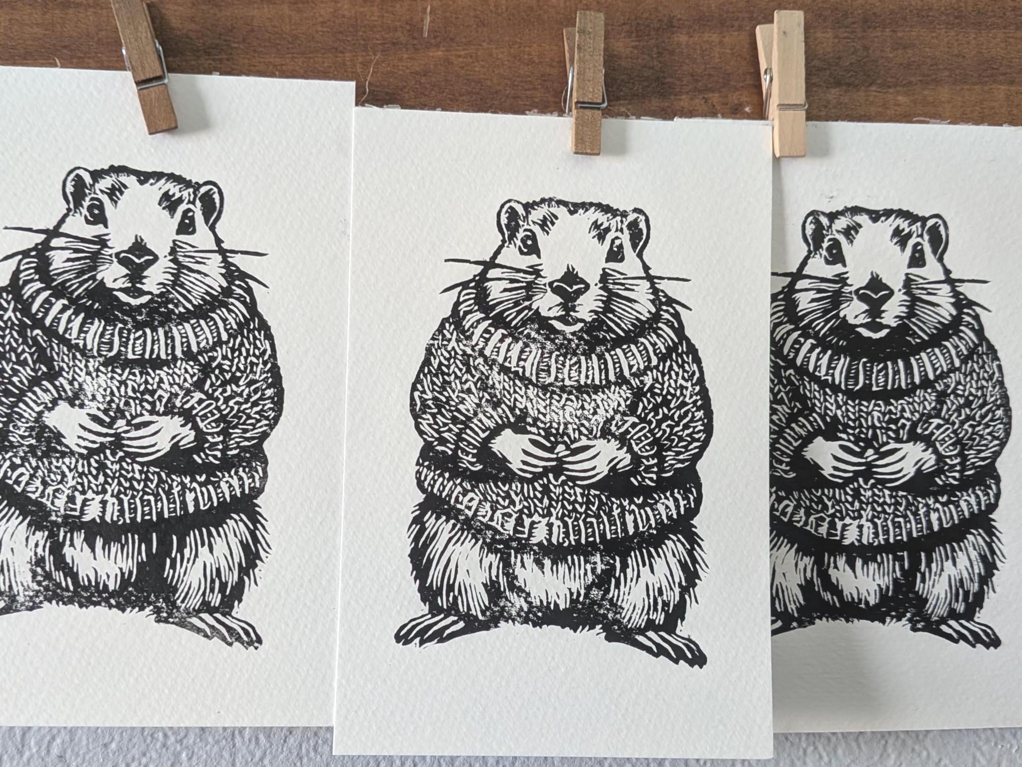 Marmot Block Print • Hand-pulled 4x6 Print • Marmot in Sweater Art ...