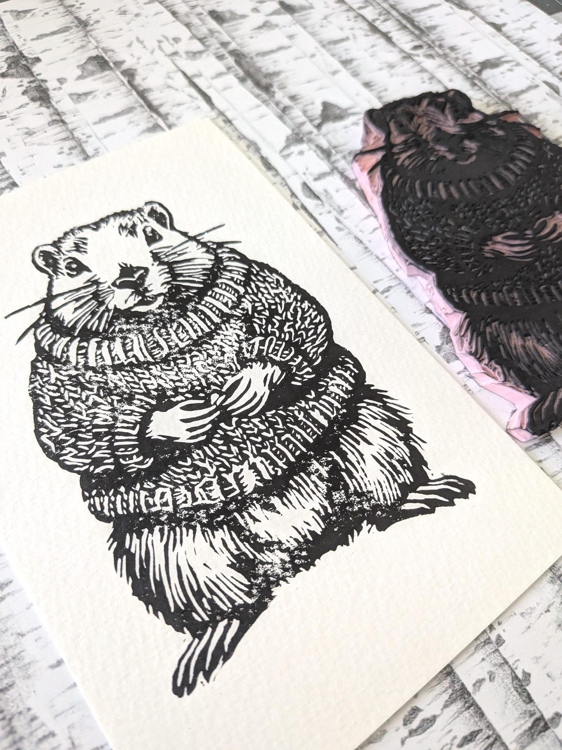 Marmot Block Print • Hand-pulled 4x6 Print • Marmot in Sweater Art ...
