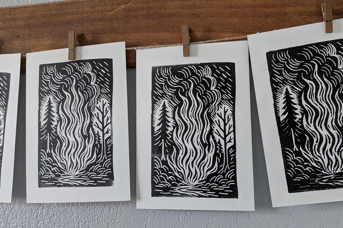 Wildfire Block Print • Forest Fire Art • Hand Pulled Linocut Nature Art ...