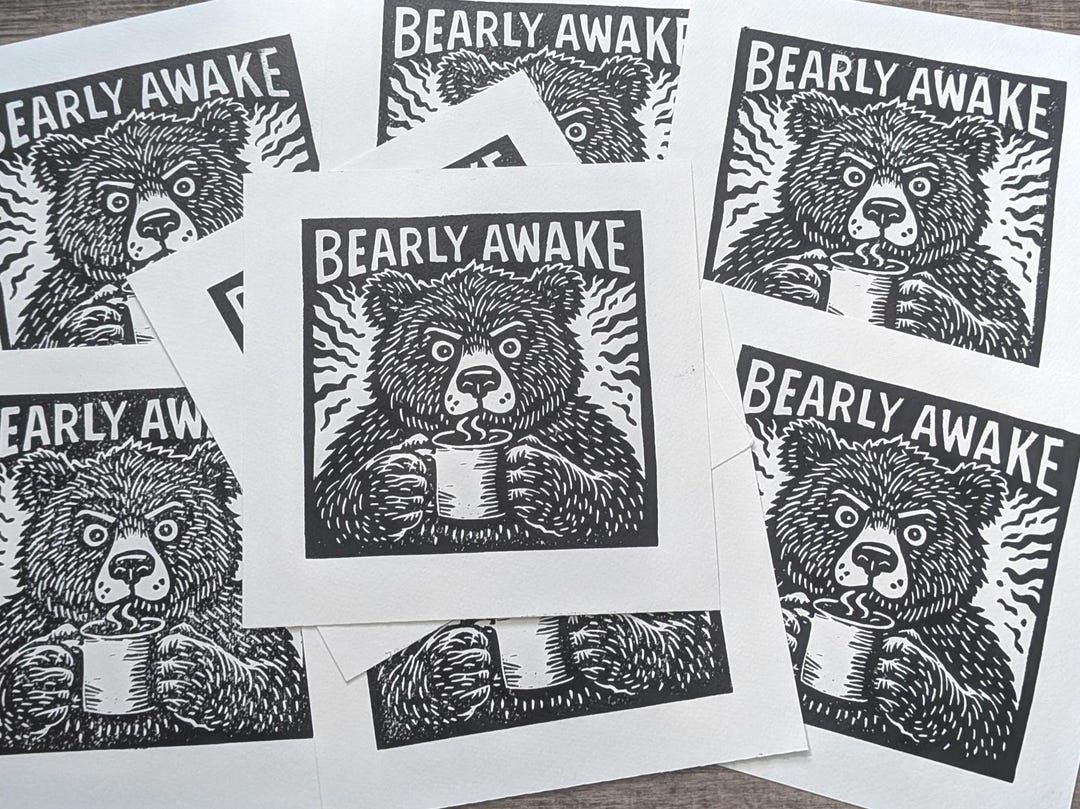 Bearly Awake Block Print • Coffee-loving Bear Art • Funny Morning Gift ...