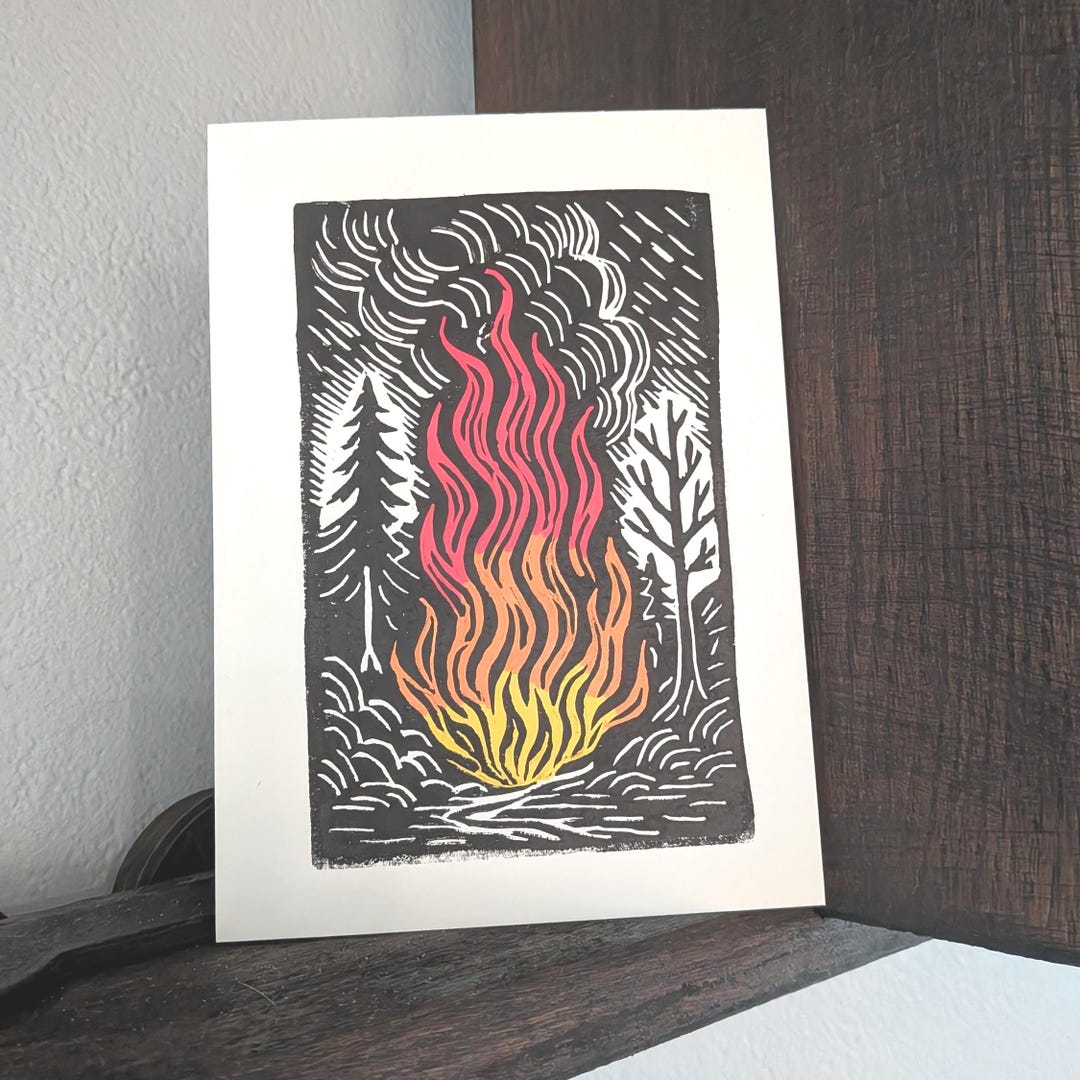 Wildfire Block Print • Forest Fire Art • Hand Pulled Linocut Nature Art ...