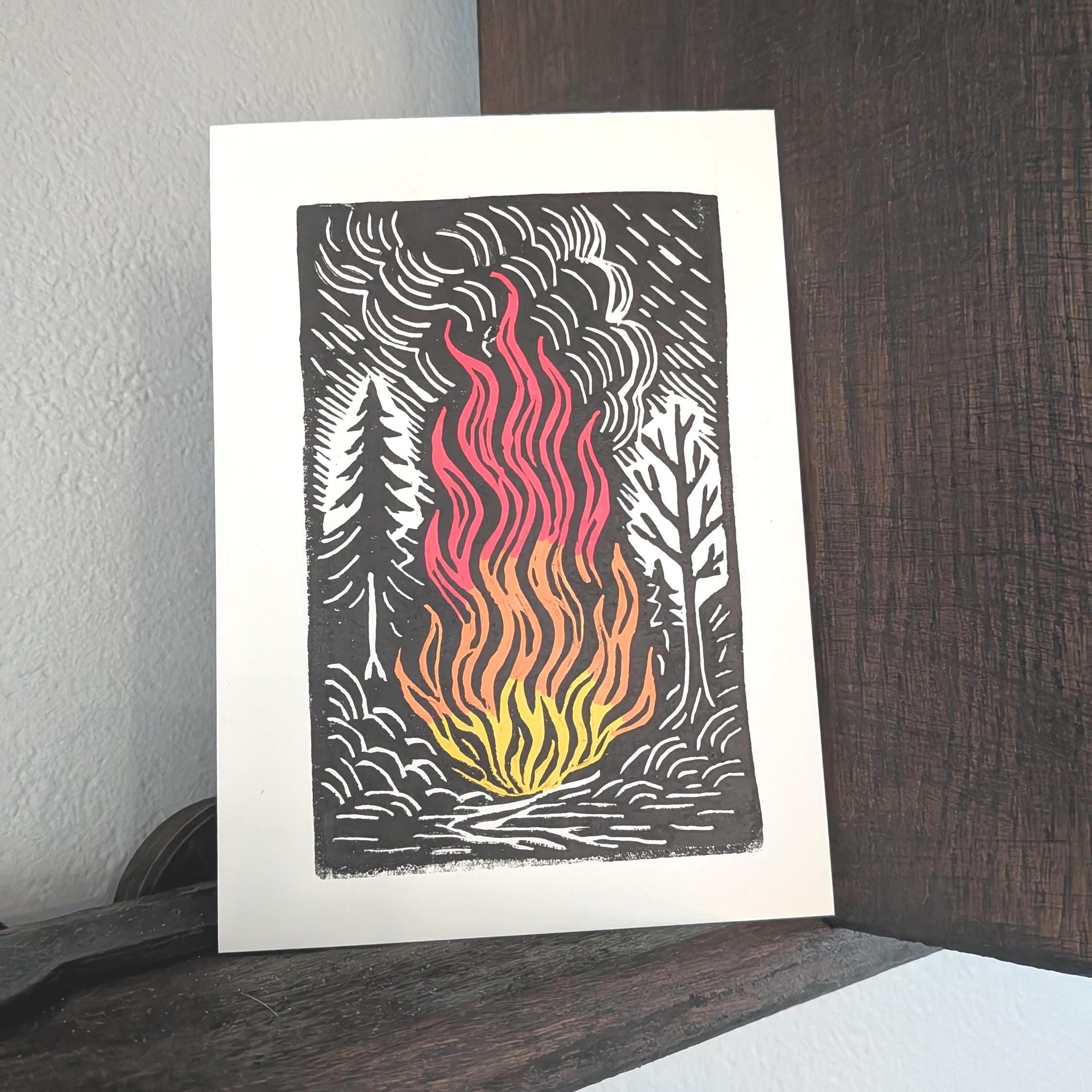 Wildfire Block Print • Forest Fire Art • Hand Pulled Linocut Nature Art ...
