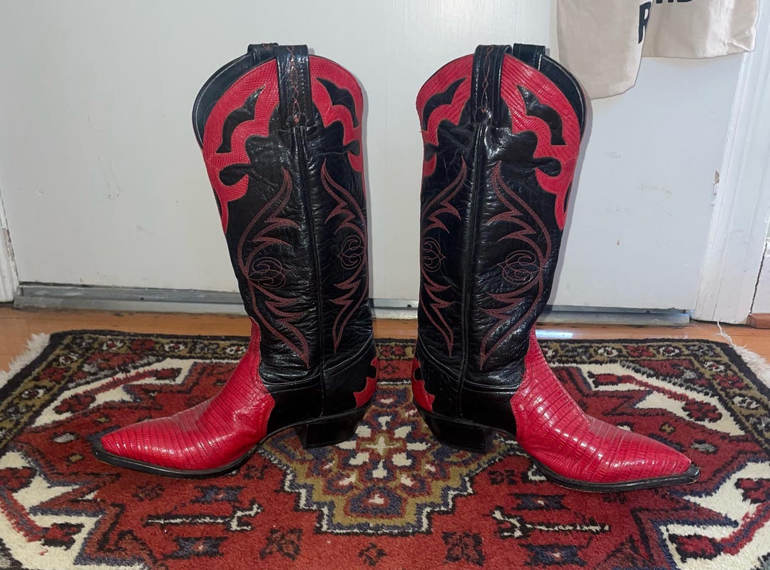 Vintage Western Tony Lama Royal Red Burgundy Wine Lizard Cowboy Boots ...