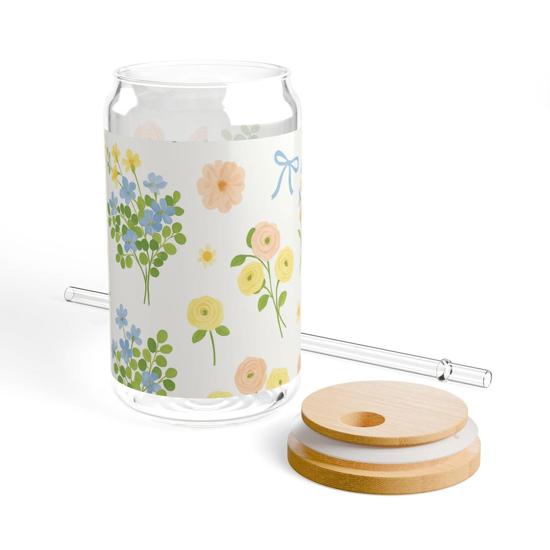 Pastel Floral Glass Cup for Iced Coffee Matcha Boba Tea Smoothie Cute ...