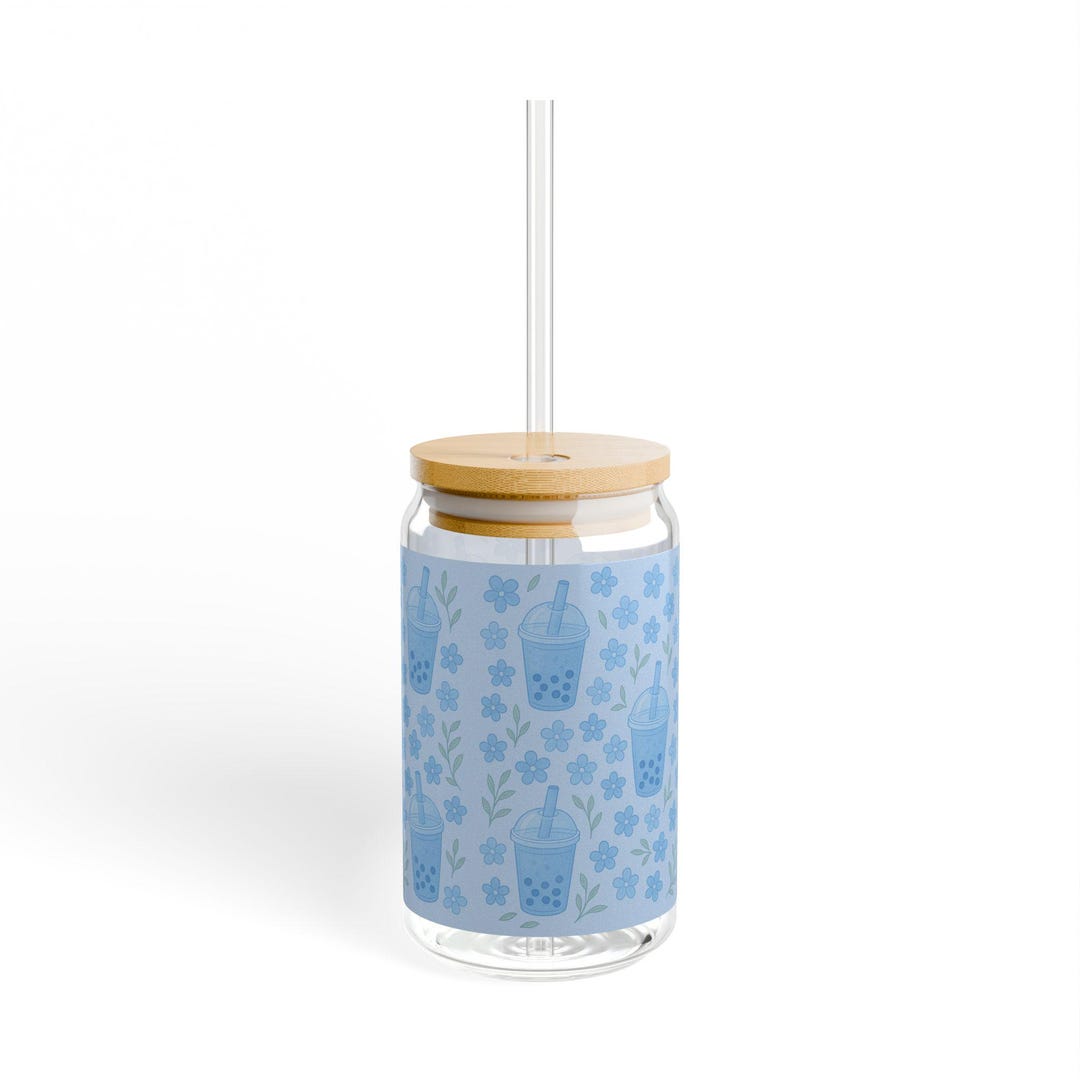Blue Boba Tea Glass Cup With Lid and Straw Cute Floral Cup for Iced ...