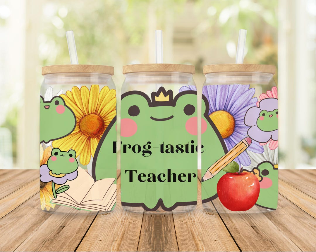 Frog Tastic Teacher Glass Tumbler Cute Frog Floral Cup With Bamboo Lid ...