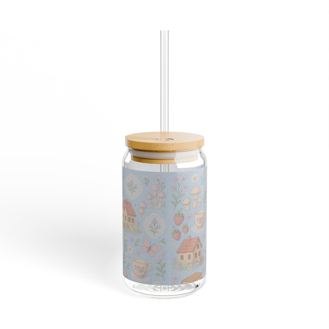 Blue Cottagecore Glass Cup With Lid and Straw Cute Floral Mushroom ...