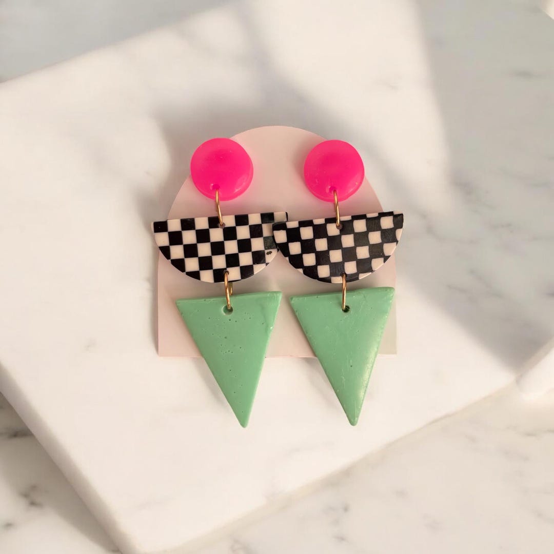90s Checkerboard Dangle Earrings: Hot Pink & Turquoise Acetate Resin - Etsy