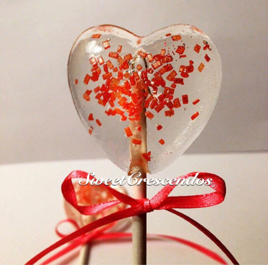 12 Red Heart Lollipops With Edible Jewel Glitter- Hard Candy Lollipops ...