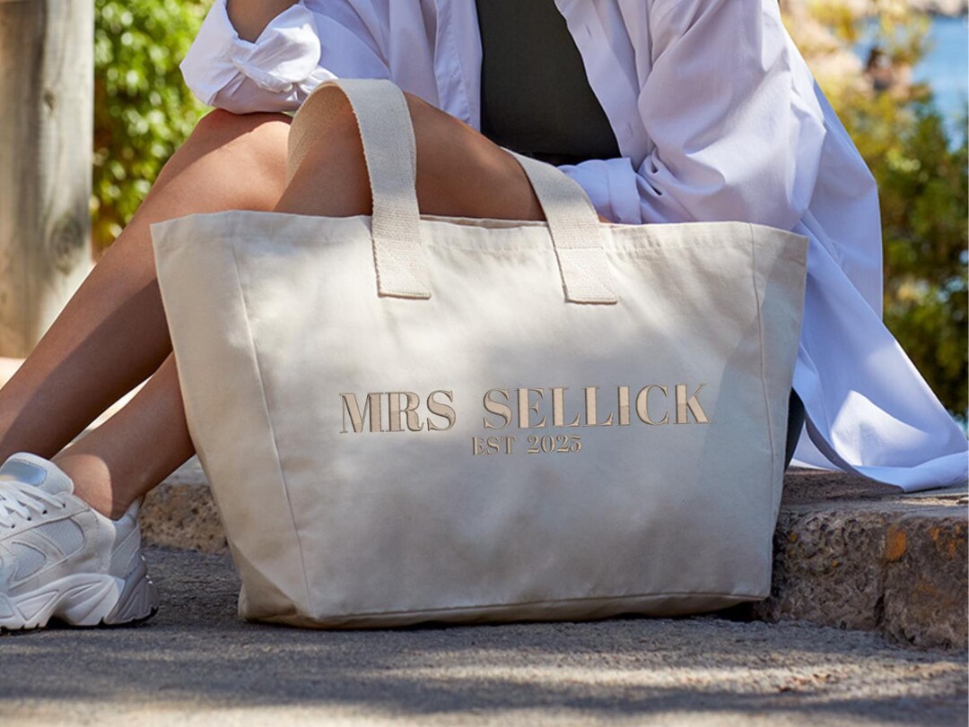 Custom MRS Bold Font Embroidered Personalised Beach Bag Canvas Tote Bag ...